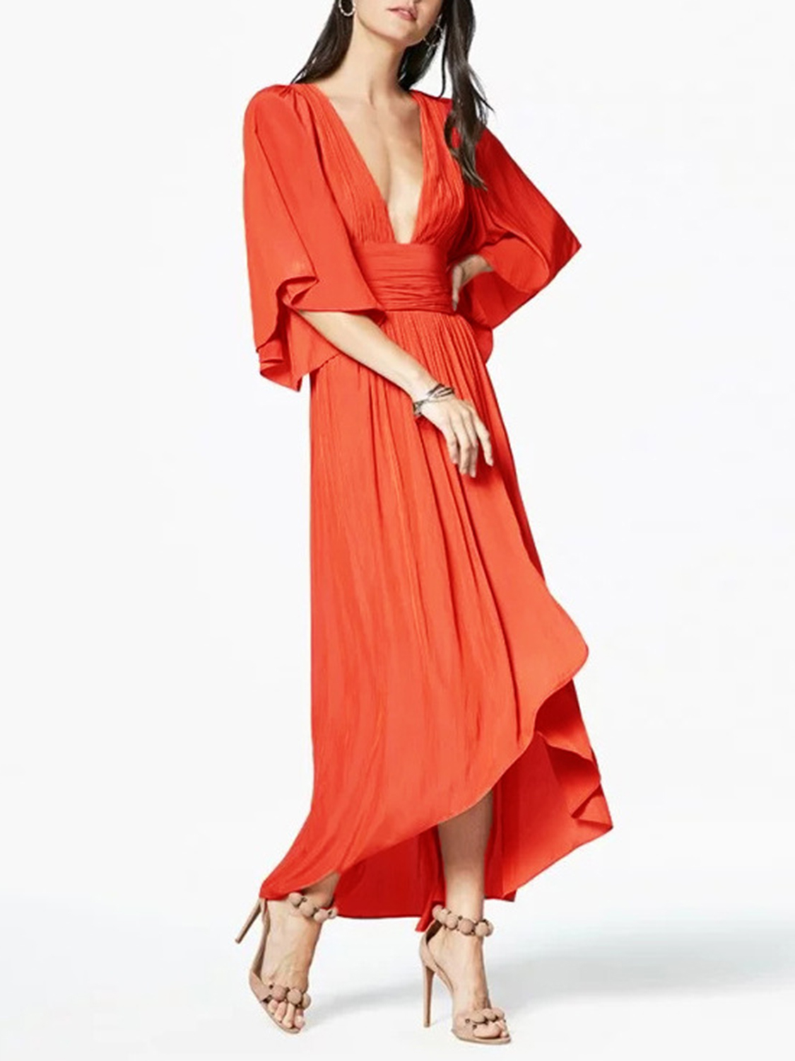Orange Plunge Flare Sleeve Hi-Lo Maxi Dress | Choies