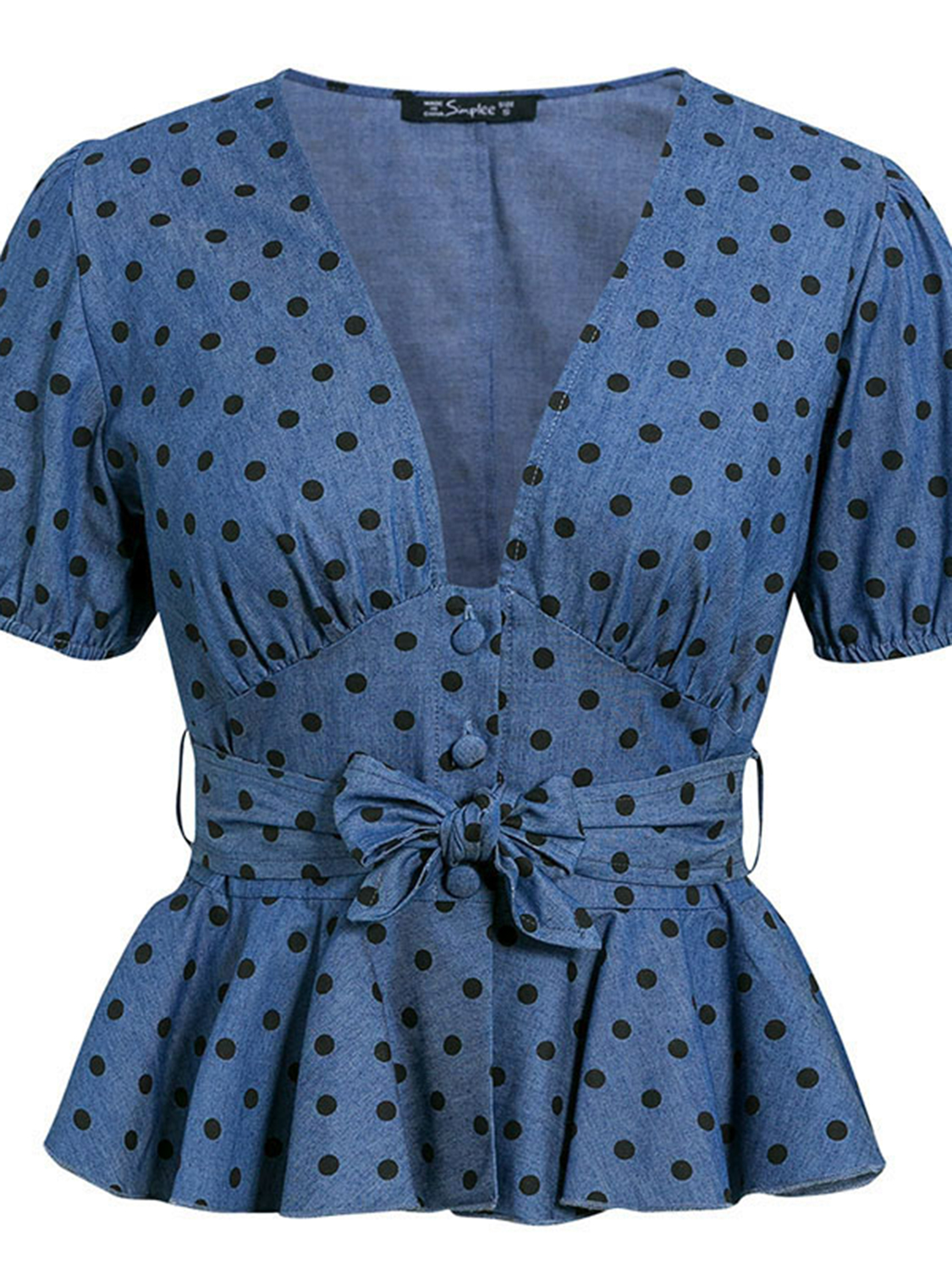 Blue Plunge Polka Dot Print Puff Sleeve Blouse | Choies