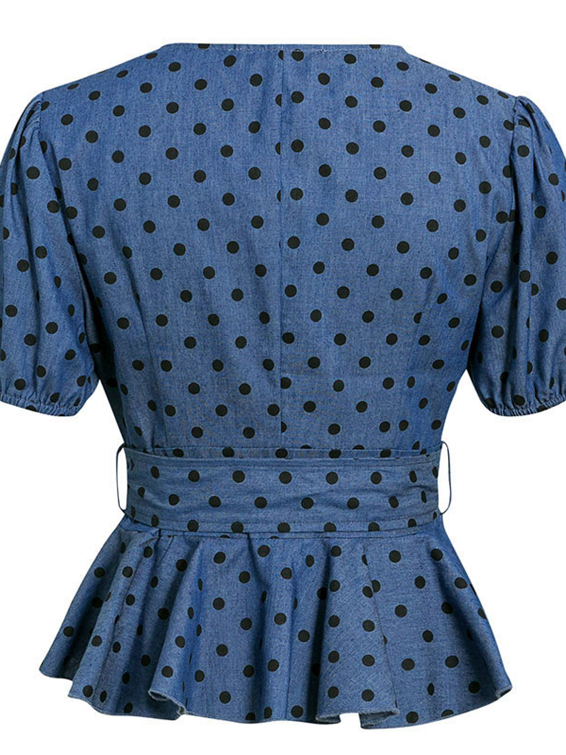 Blue Plunge Polka Dot Print Puff Sleeve Blouse | Choies