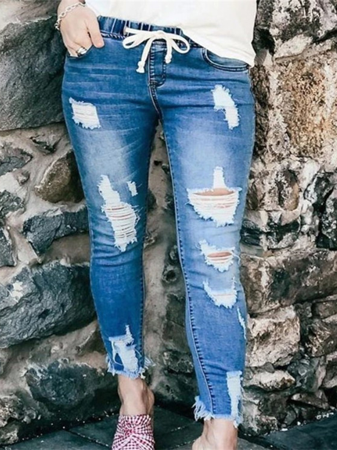 Blue High Waist Ripped Jeans | Choies