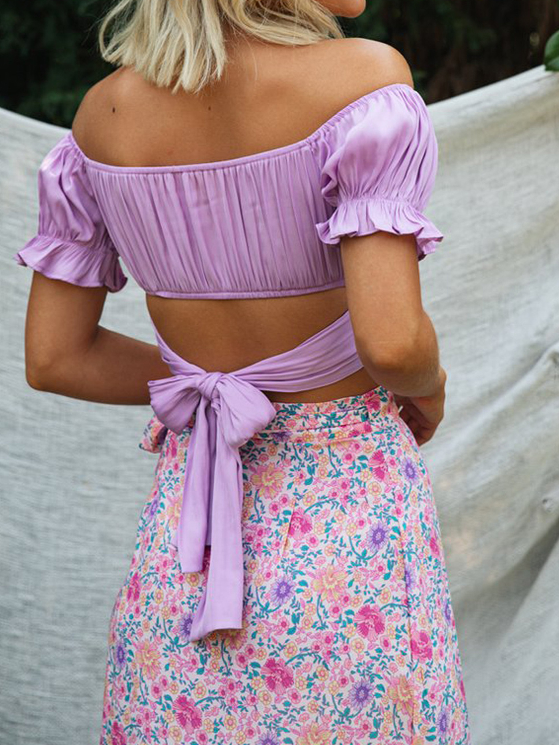 Purple V-neck Puff Sleeve Crop Top | Choies
