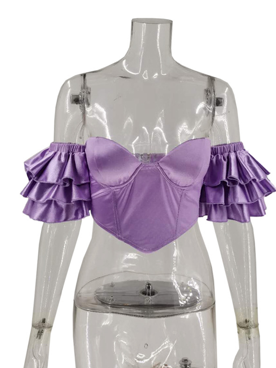 Purple Off Shoulder Layered Ruffle Sleeve Crop Top | Choies