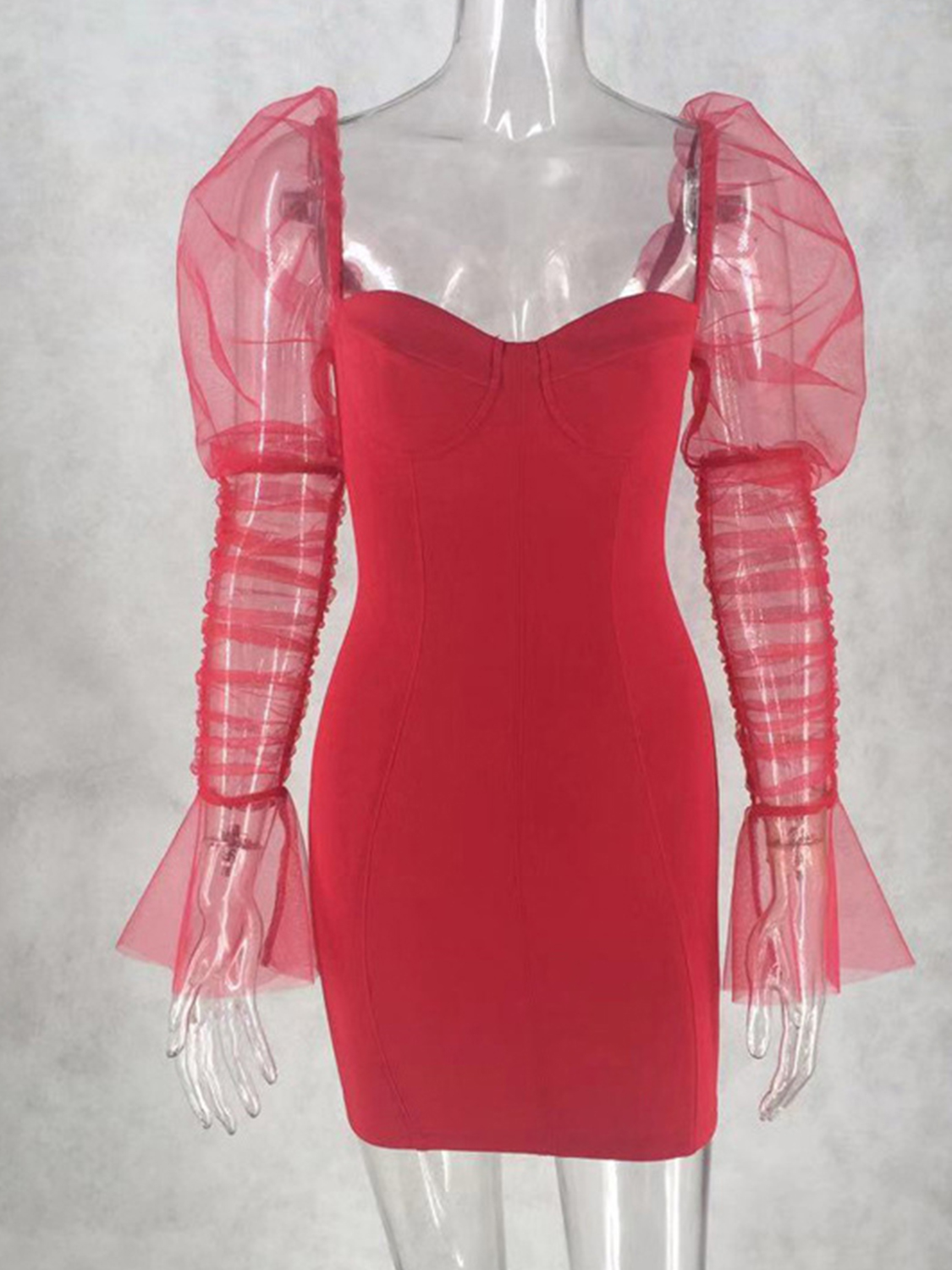 Red V-neck Puff Sleeve Bodycon Mini Dress | Choies