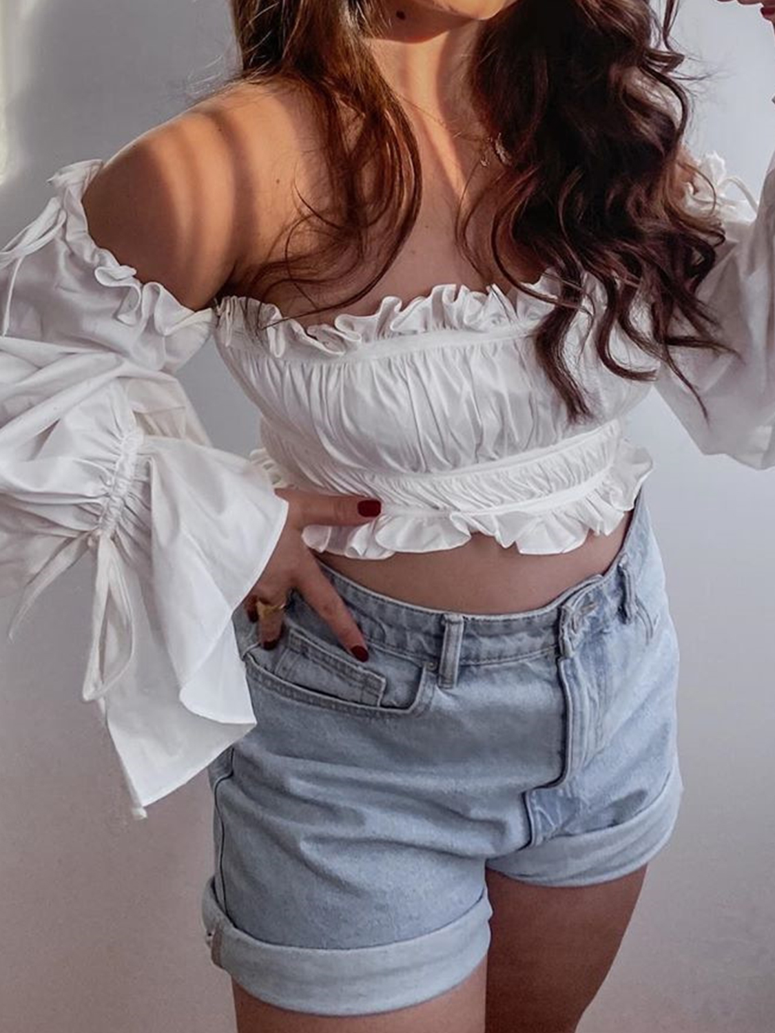 White Off Shoulder Puff Sleeve Crop Top | Choies