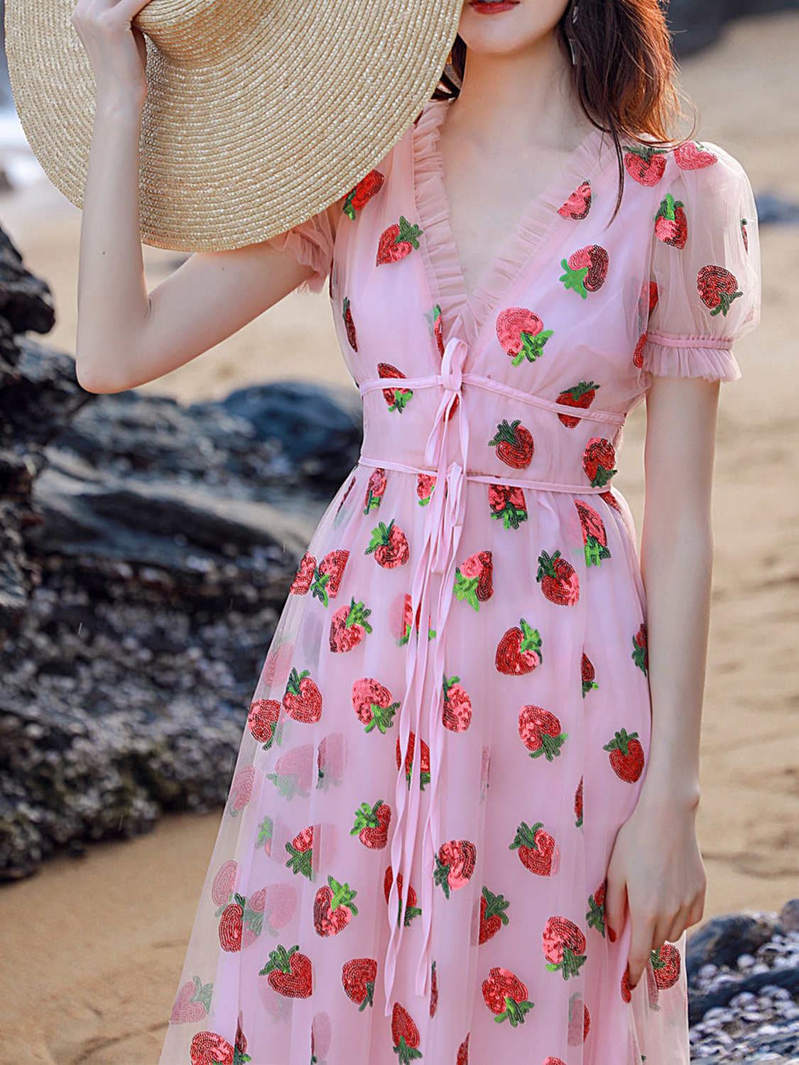 Pink Plunge Strawberry Print Puff Sleeve Maxi Dress | Choies