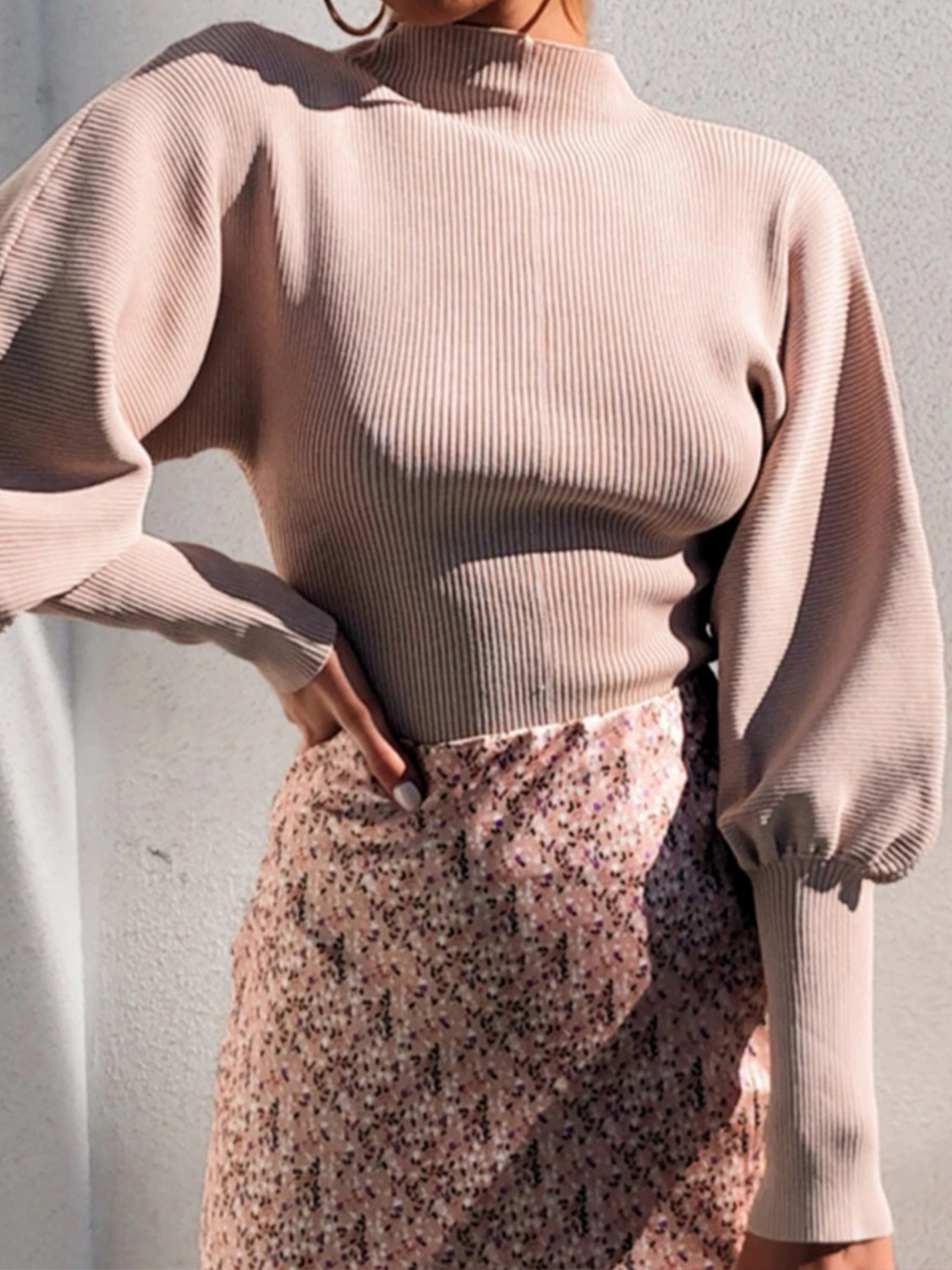 Pink High Neck Puff Sleeve Sweater | Choies