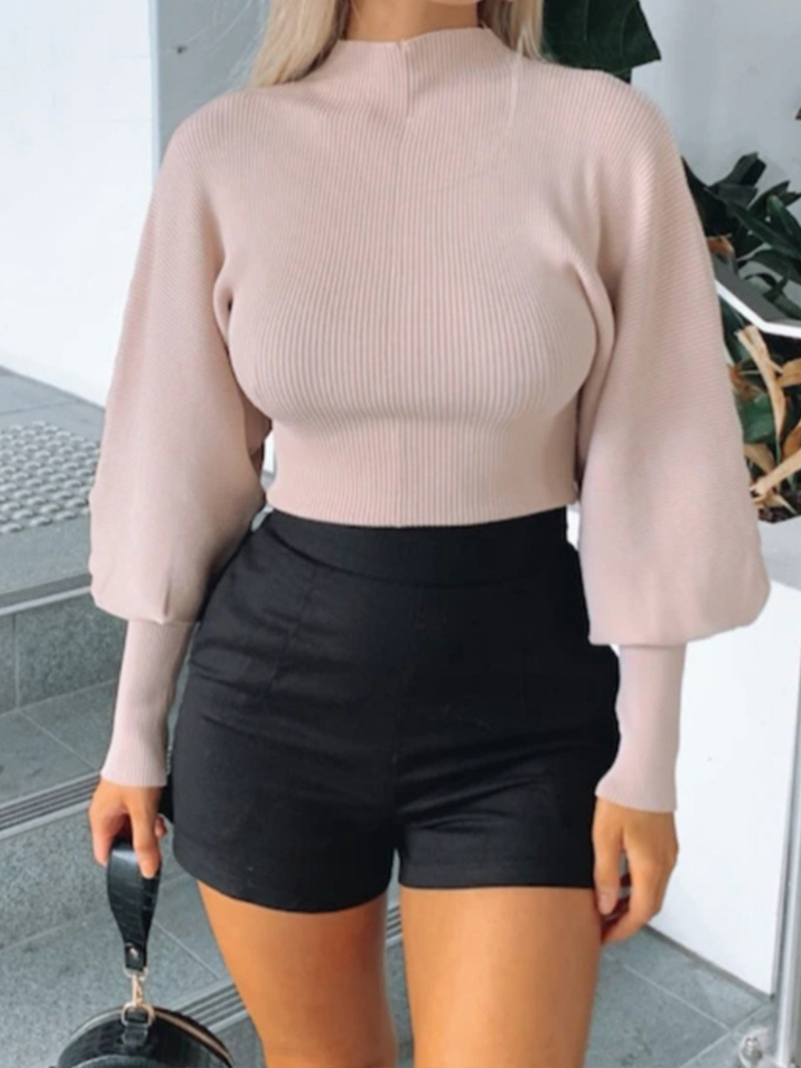 Pink High Neck Puff Sleeve Sweater | Choies
