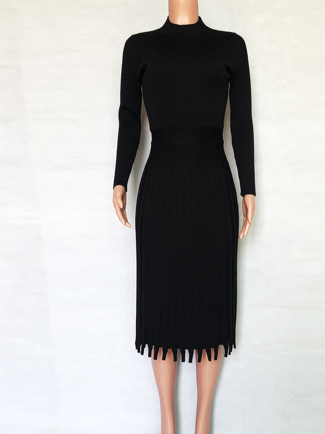 Black Pleated Detail Long Sleeve Midi Dress | Choies