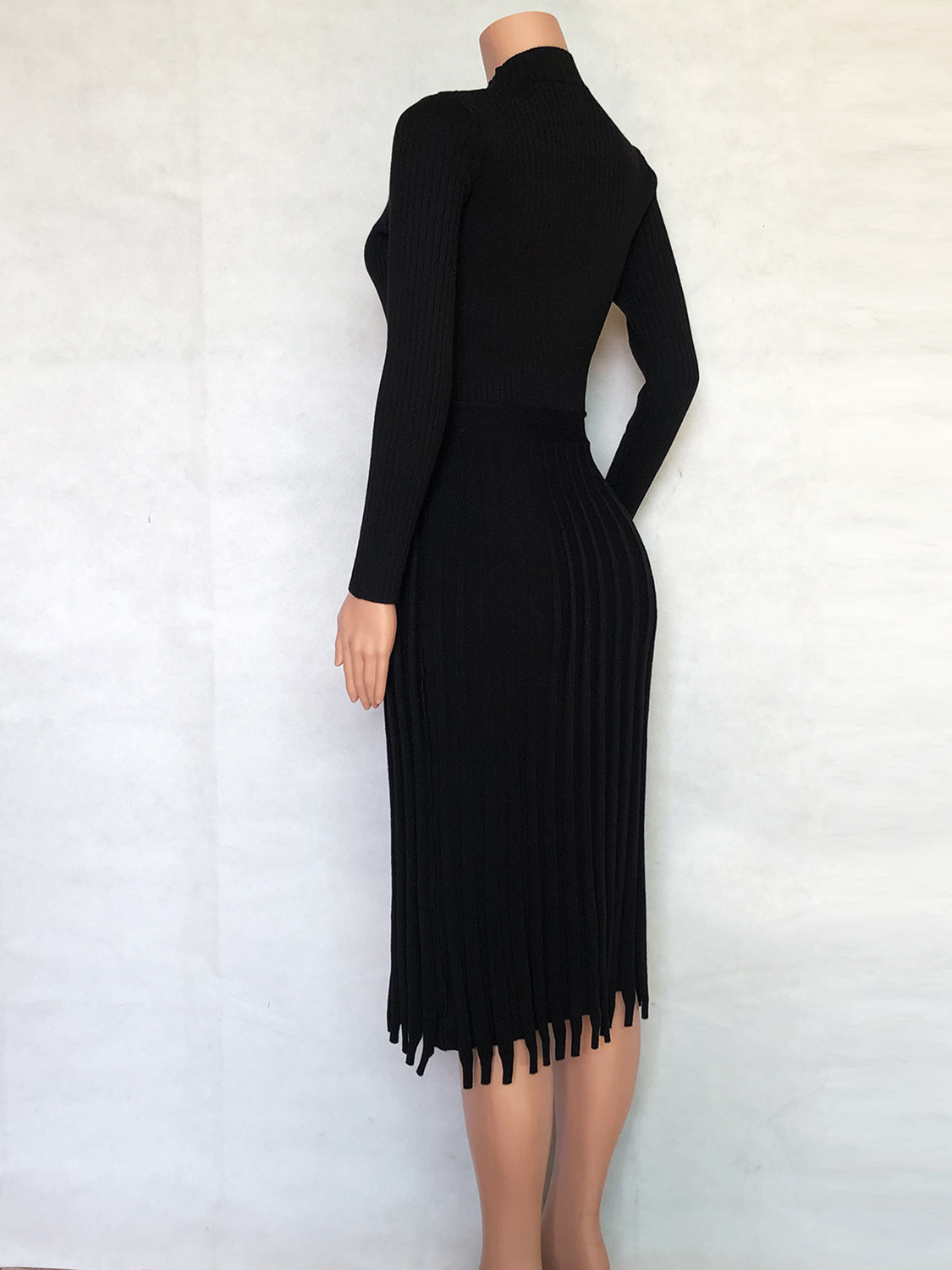 Black Pleated Detail Long Sleeve Midi Dress | Choies