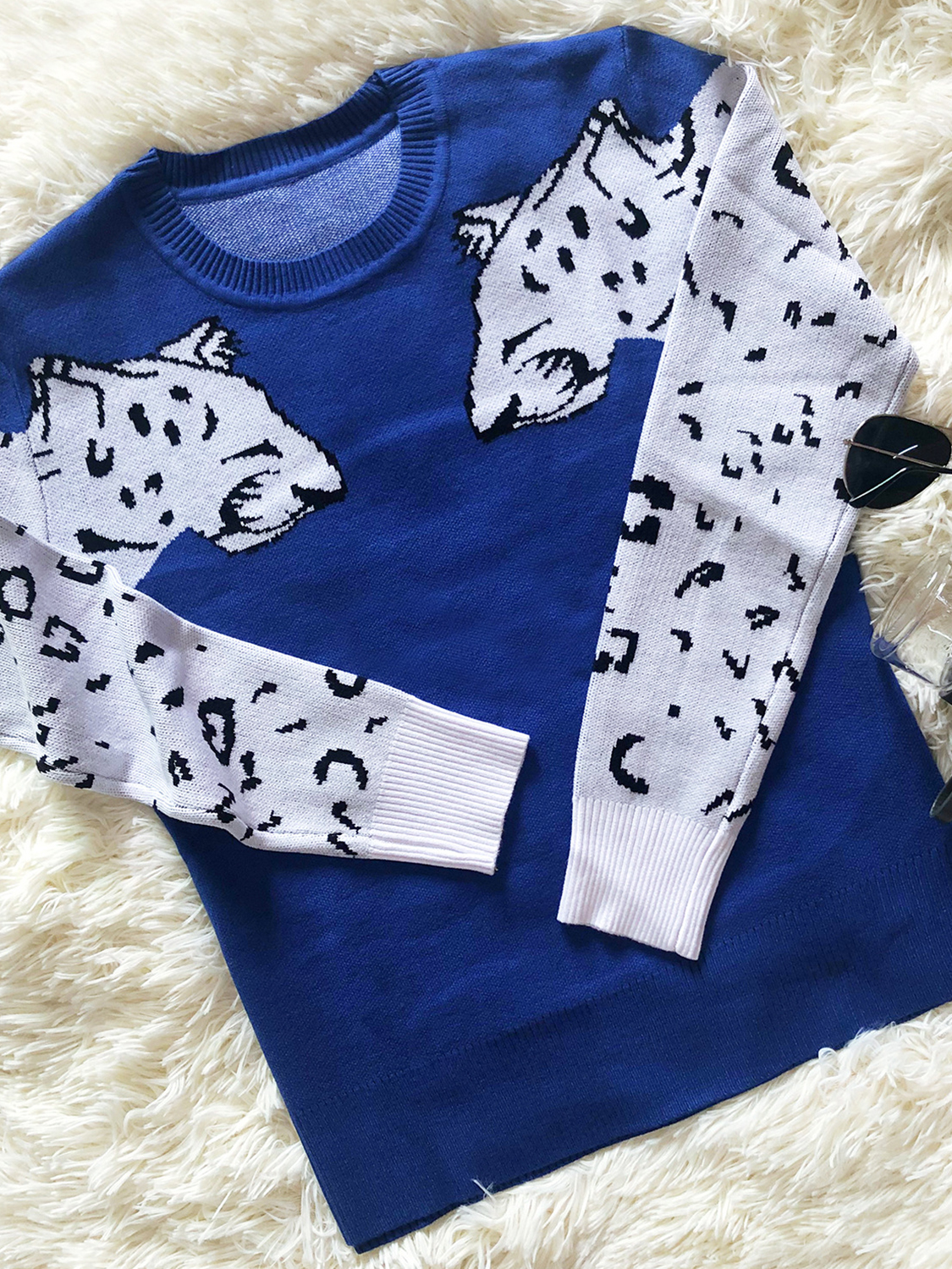 Blue Leopard Print Panel Long Sleeve Sweater | Choies