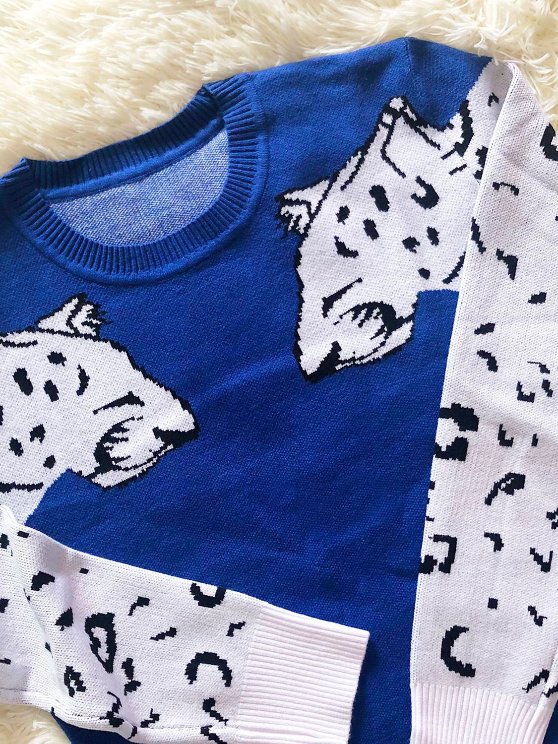 Blue Leopard Print Panel Long Sleeve Sweater | Choies