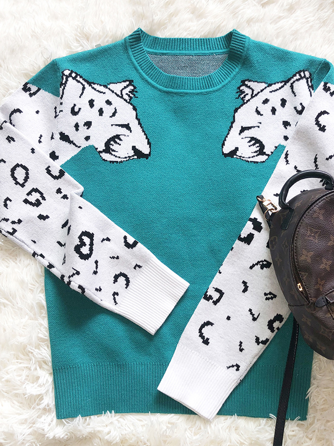 Dark Green Leopard Print Panel Long Sleeve Sweater | Choies