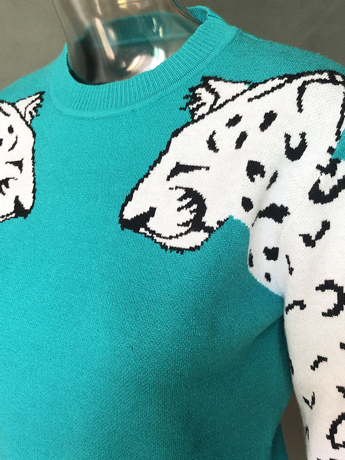 Dark Green Leopard Print Panel Long Sleeve Sweater | Choies