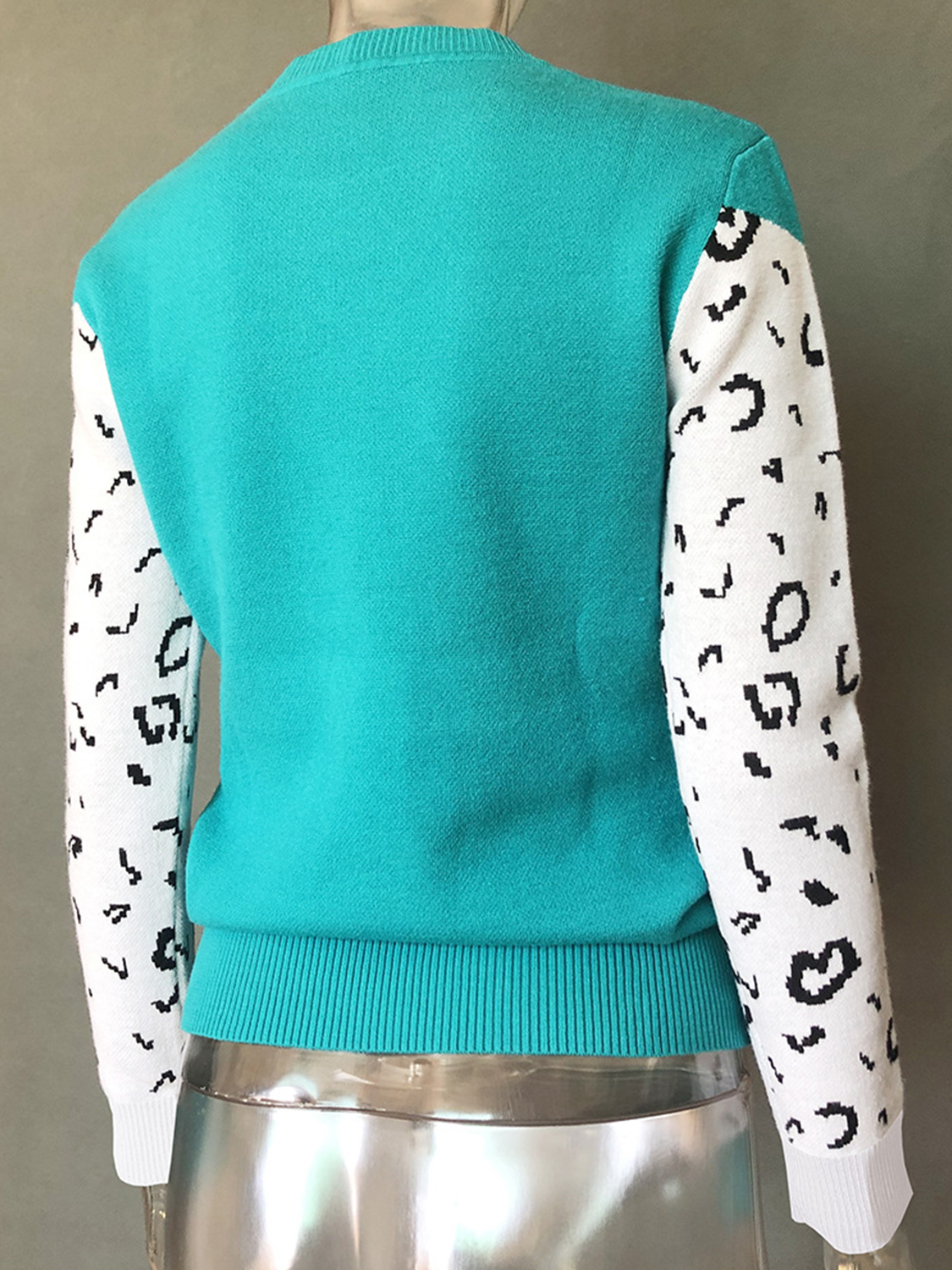 Dark Green Leopard Print Panel Long Sleeve Sweater | Choies