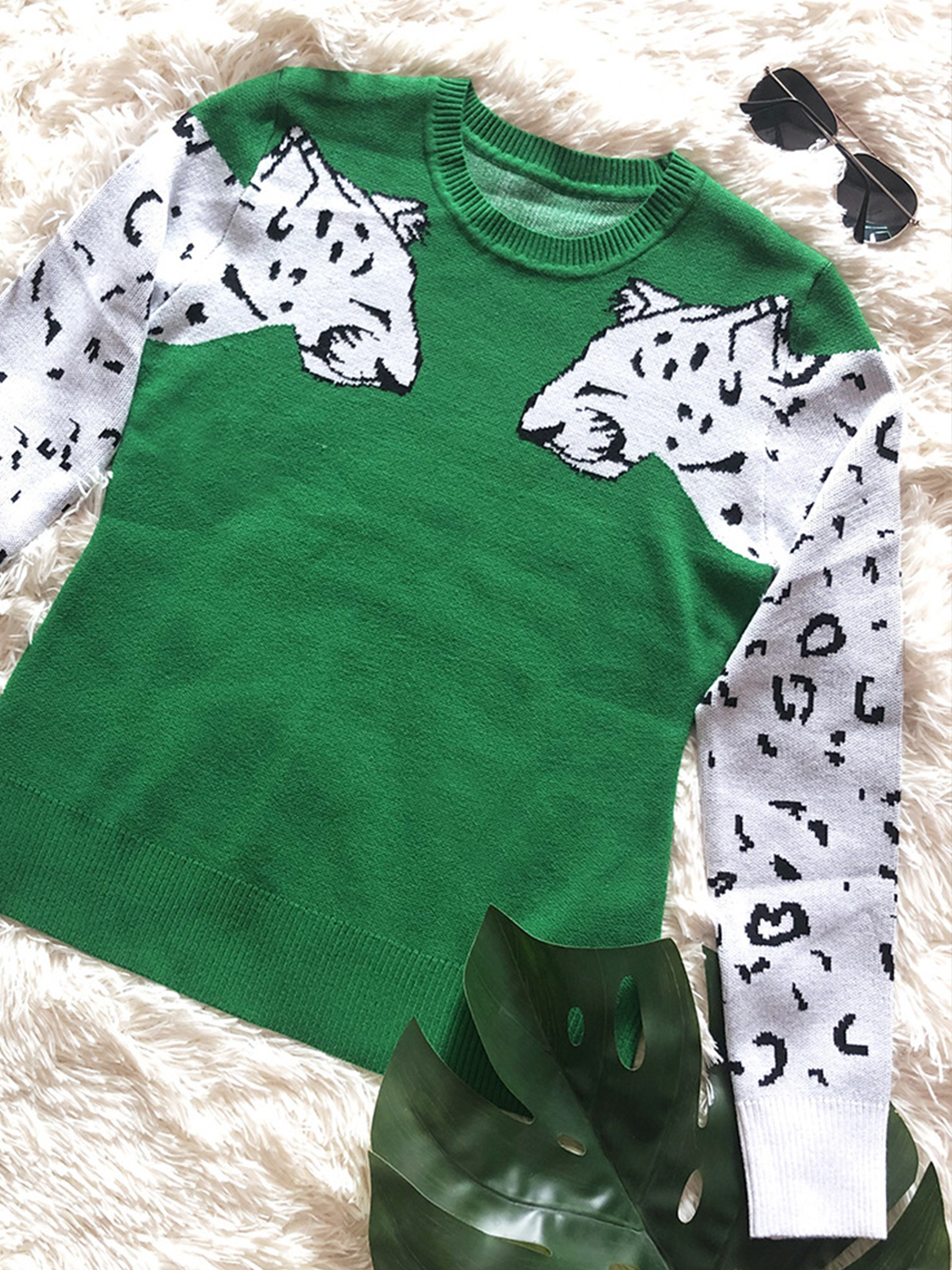 Green Leopard Print Panel Long Sleeve Sweater | Choies
