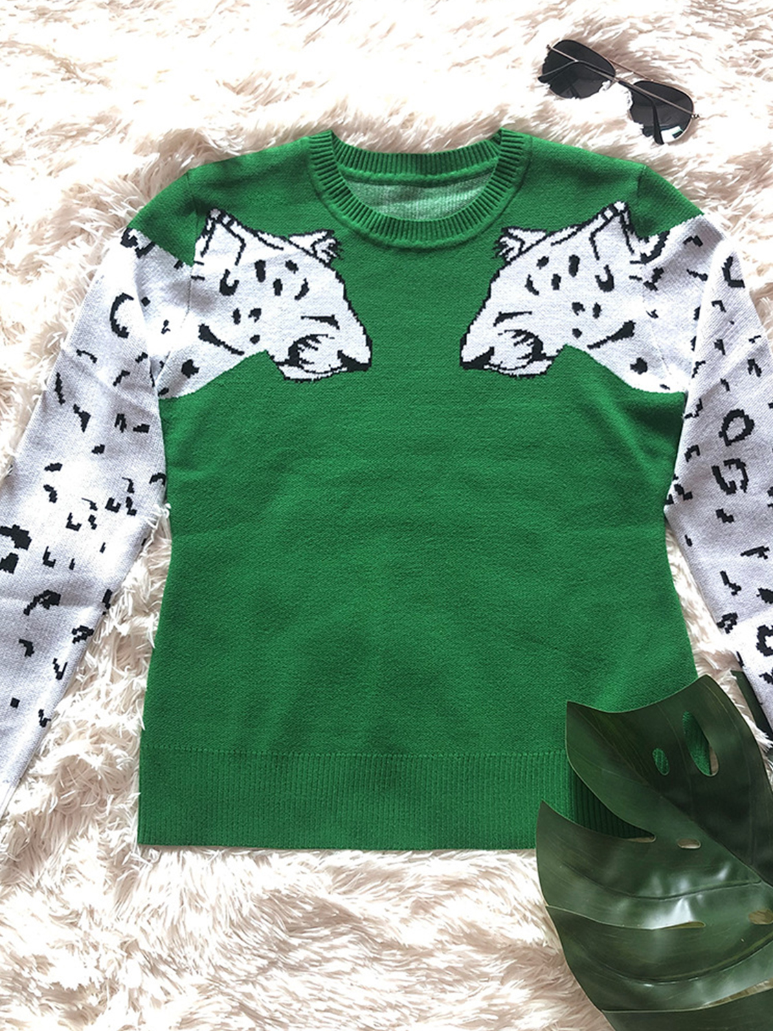 Green Leopard Print Panel Long Sleeve Sweater | Choies