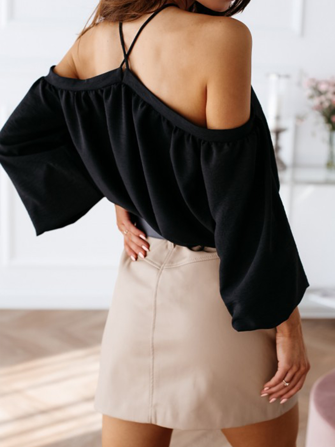 Black Halter One Shoulder Long Sleeve Blouse | Choies