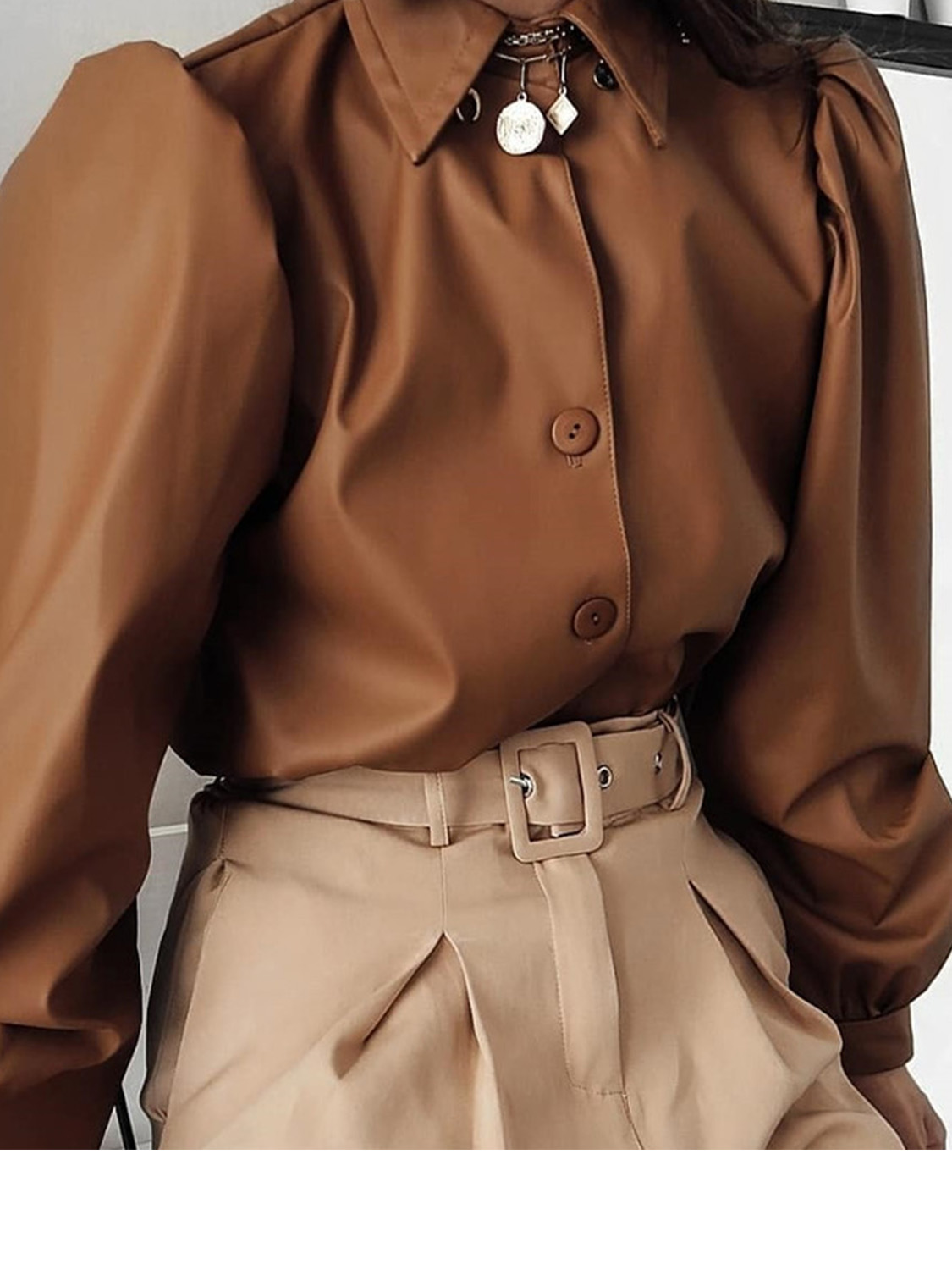 Brown Puff Sleeve Shirt | Choies