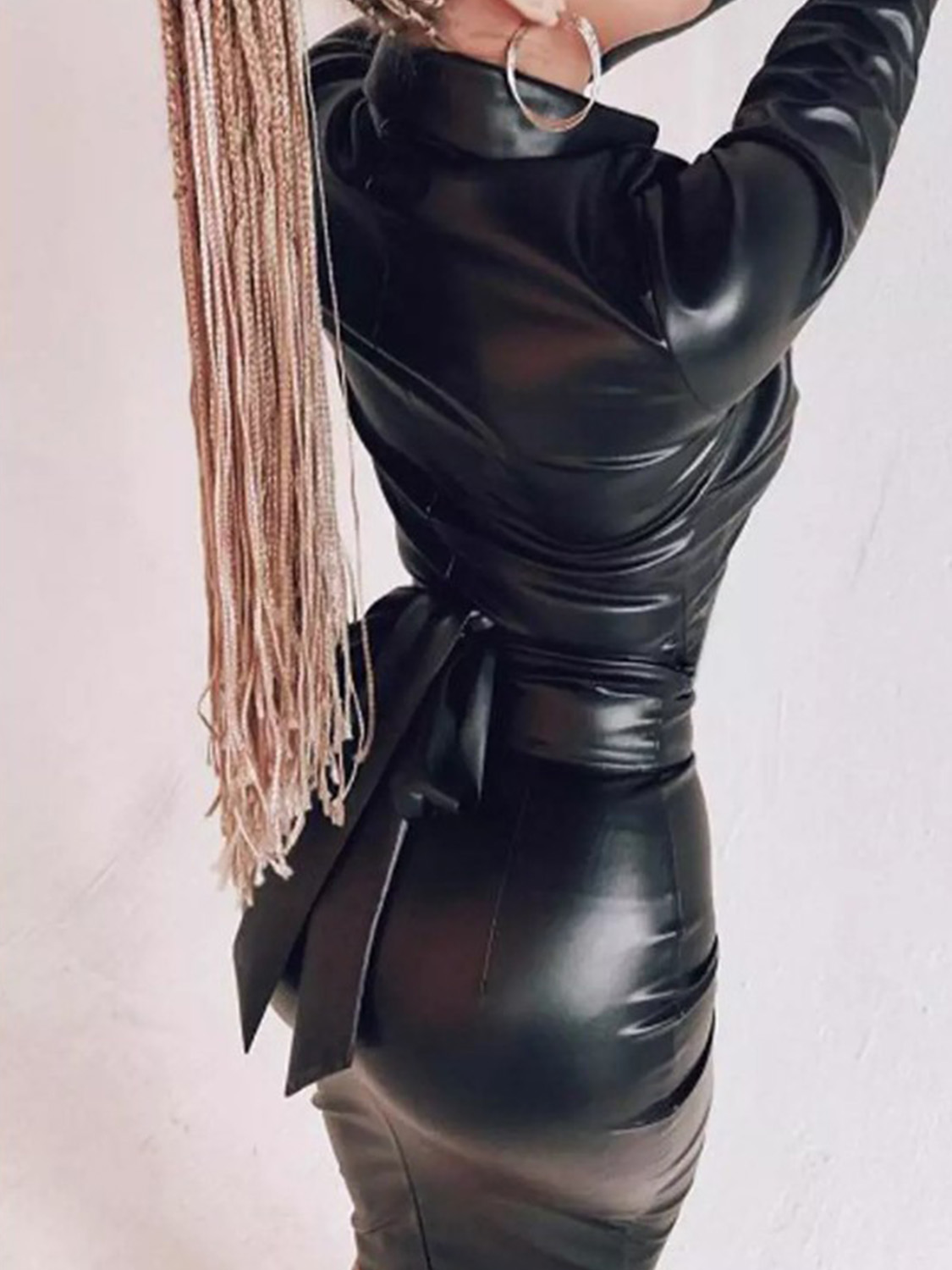 Black PU V-neck Long Sleeve Bodycon Dress | Choies