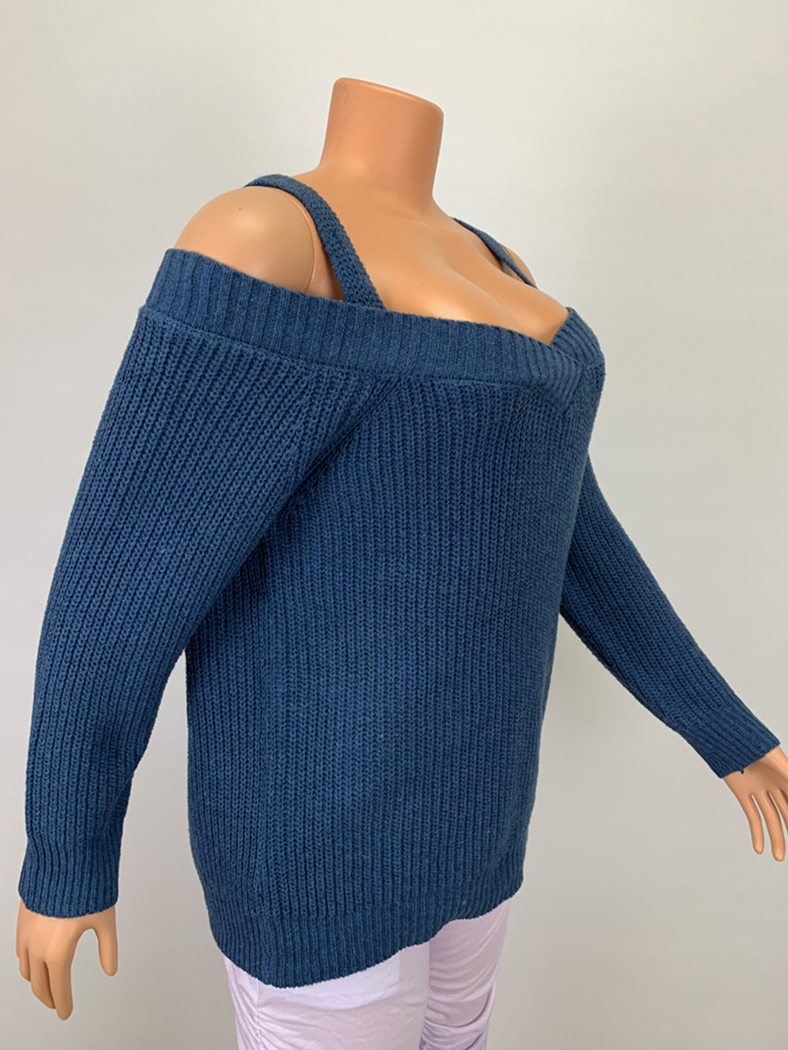Blue Cold Shoulder Long Sleeve Sweater Choies
