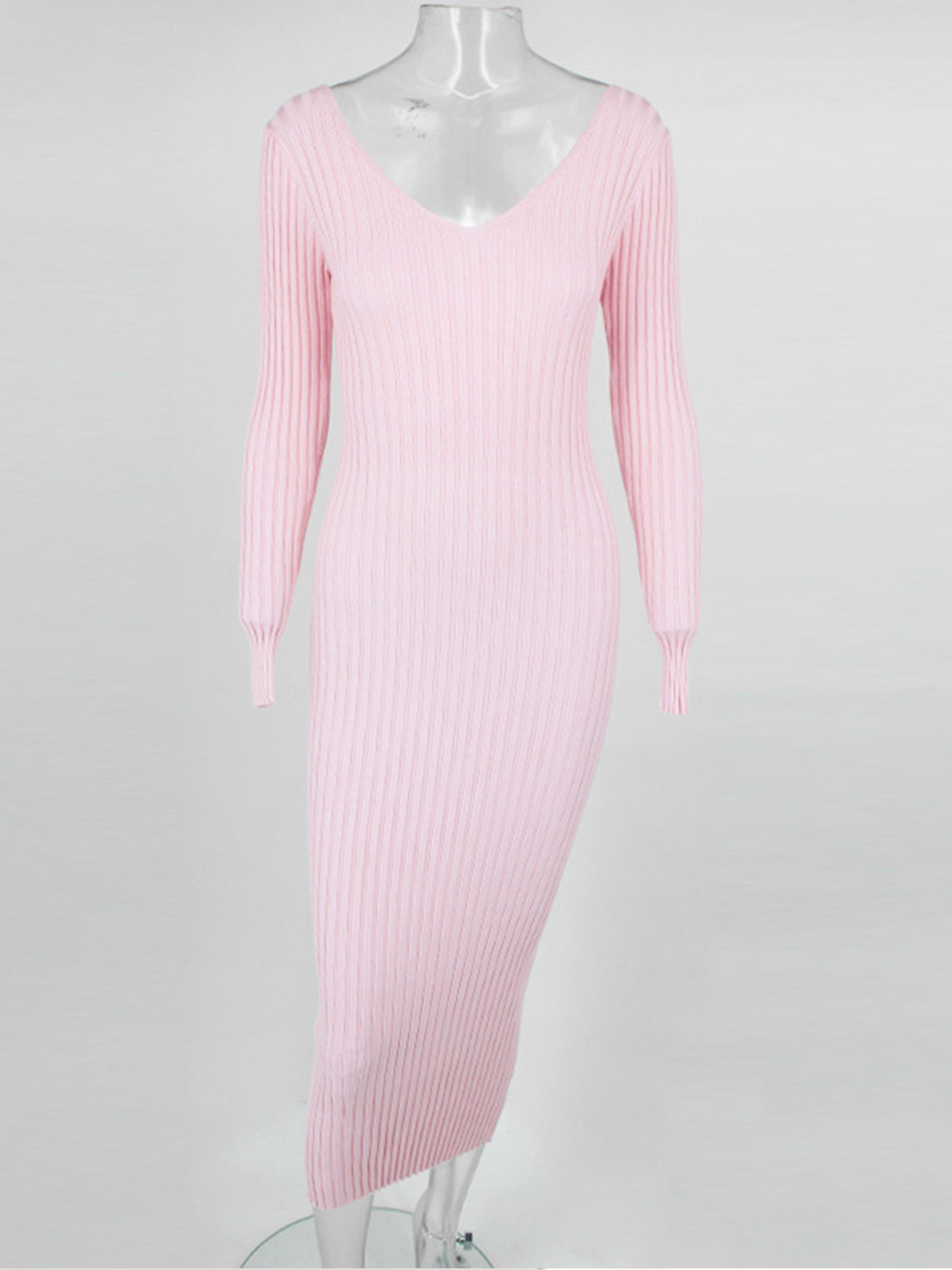 Pink Ribbed V-neck Long Sleeve Maxi Dress | Choies